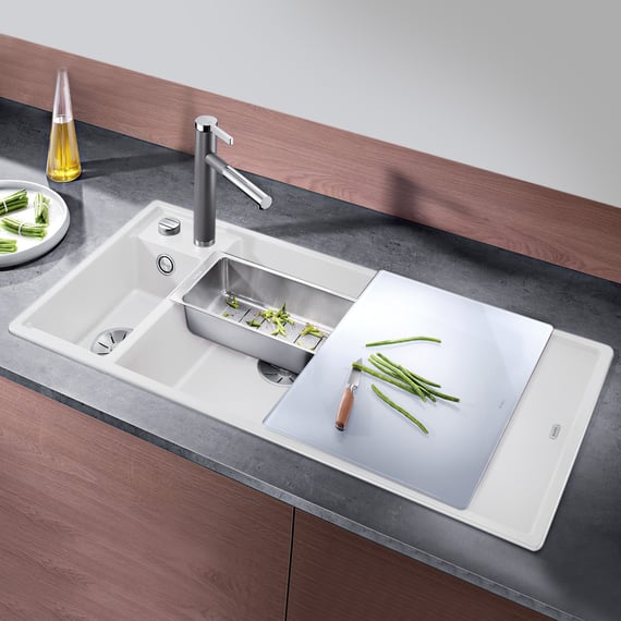 Blanco Axia kitchen sink with glass chopping board, with colander ...