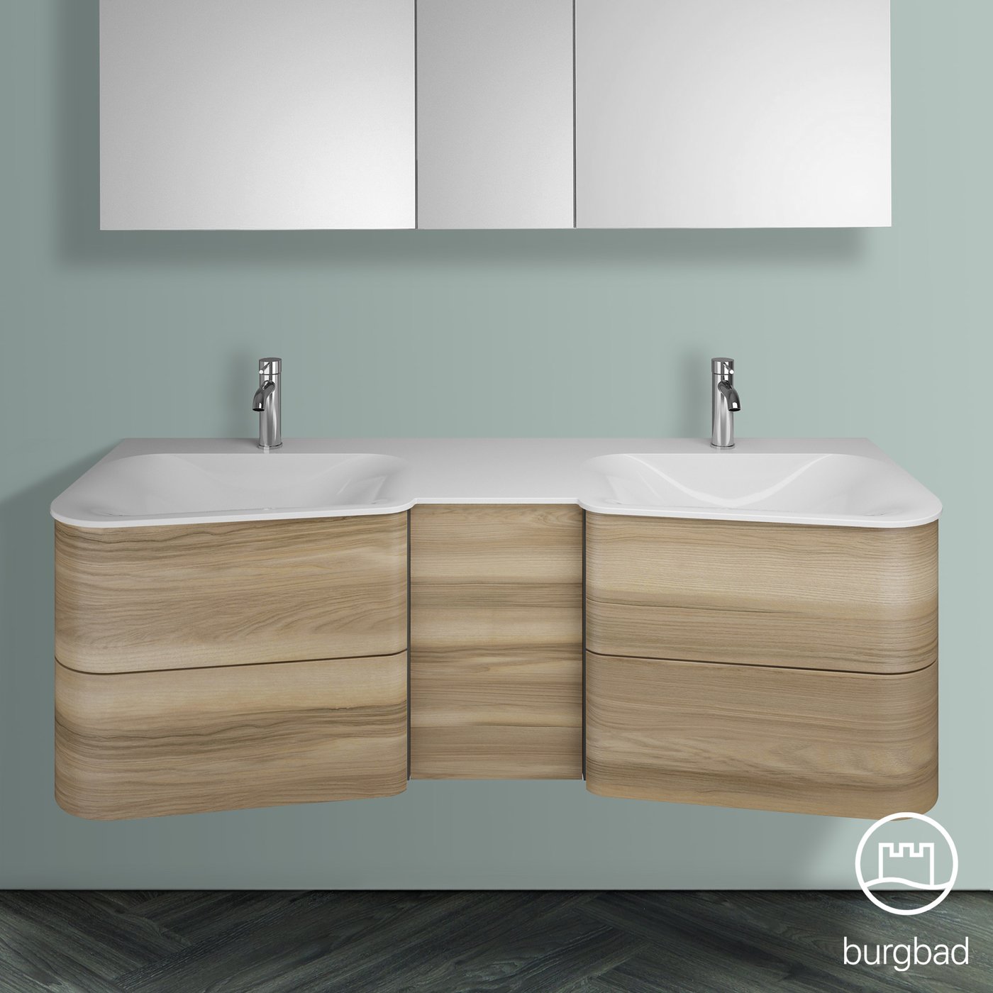 Burgbad Badu vanity unit with double washbasin, 1 door, 4 pull-out ...
