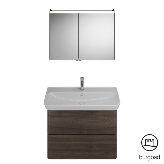 Burgbad Iveo washbasin with vanity unit, with mirror cabinet marone ...