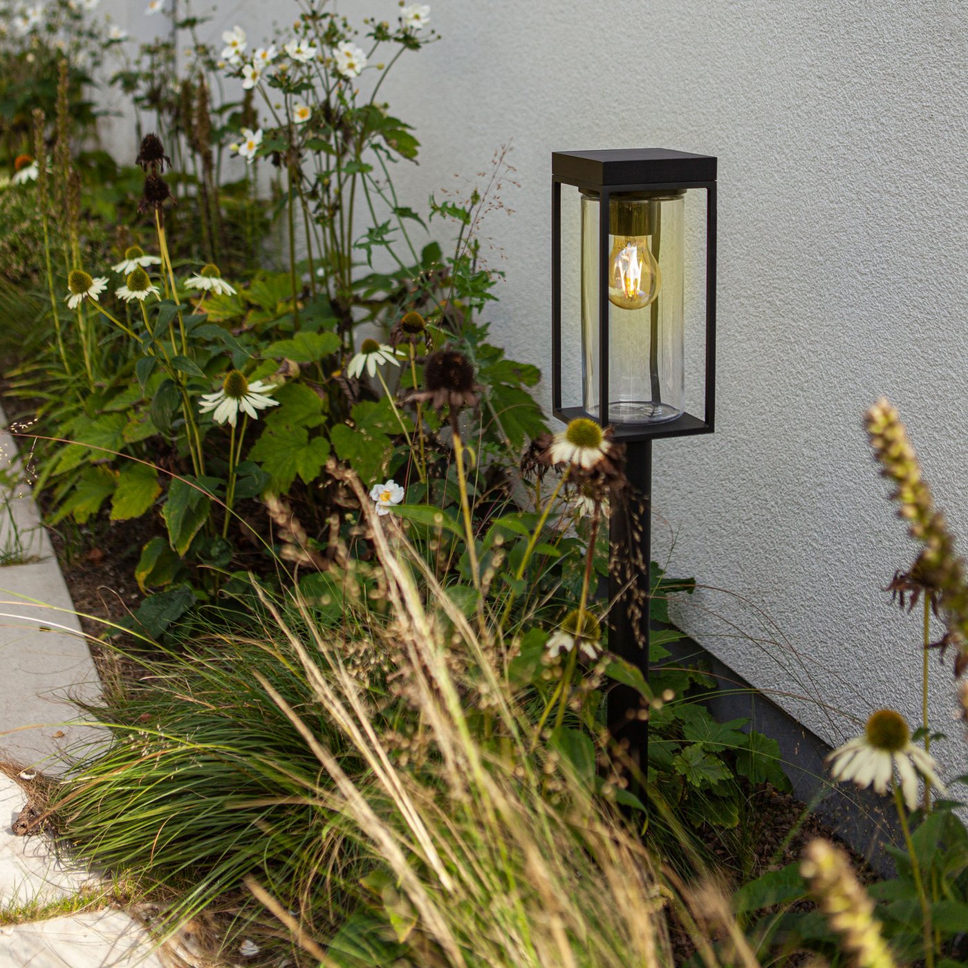 Lutec Flair solar bollard light, E27, 1 head dimmable, matt black/clear ...