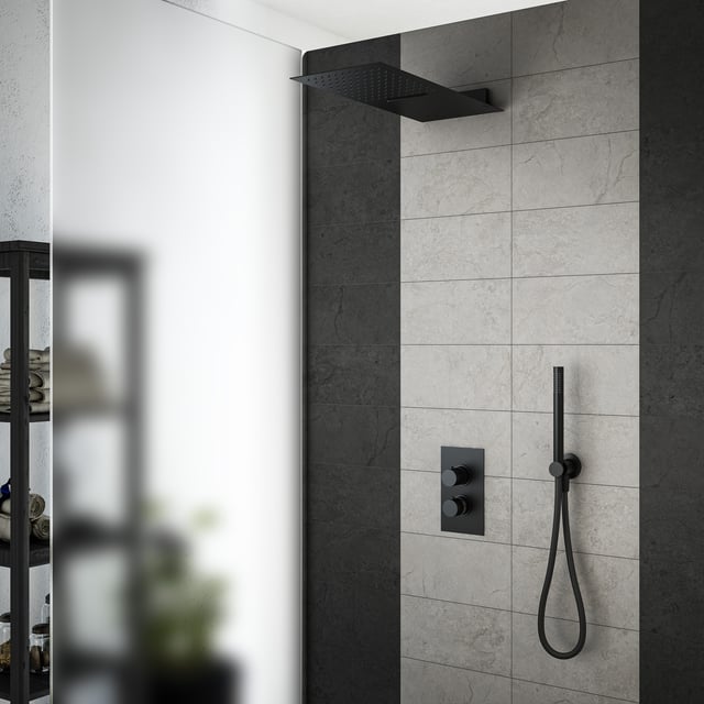 Mariner shower system with thermostat, stainless steel rain panel with ...