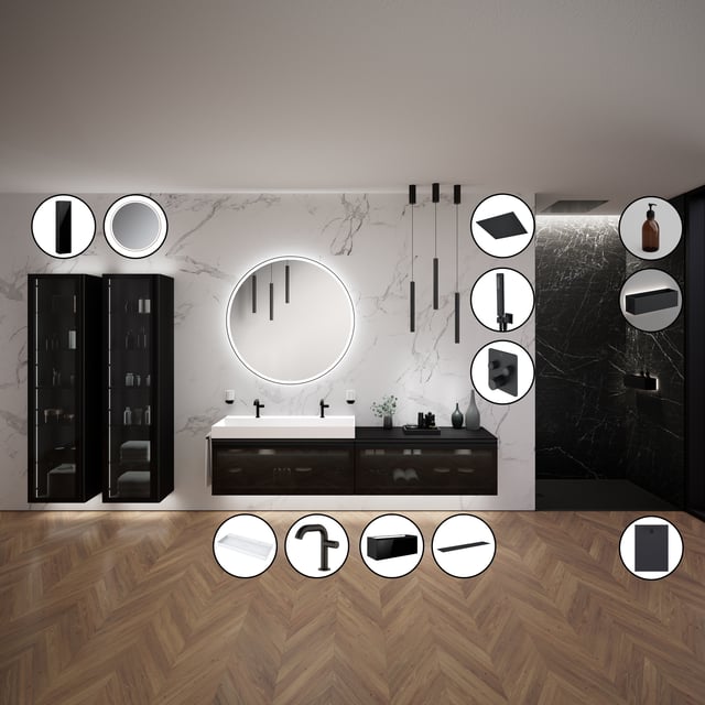 neoro n80 fumo – Designbad mit Badmöbelanlage & Spiegel, Dusche & Armaturen