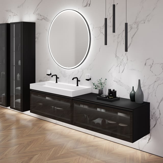 neoro n80 fumo – Designbad mit Badmöbelanlage & Spiegel, Dusche & Armaturen