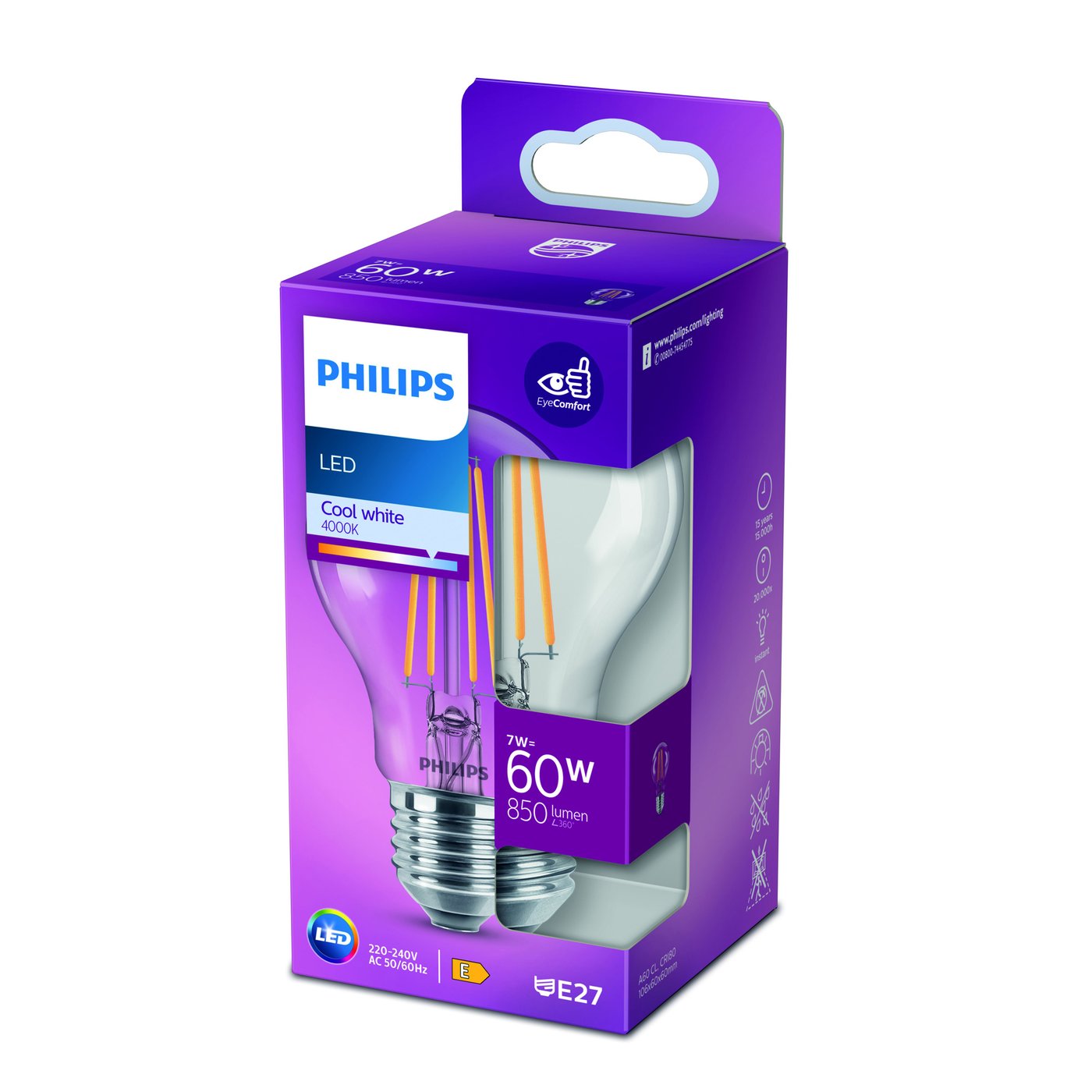 Philips LEDclassic LED lamp A60 E27, 4000 K, 7 W clear - 8718699784003 ...