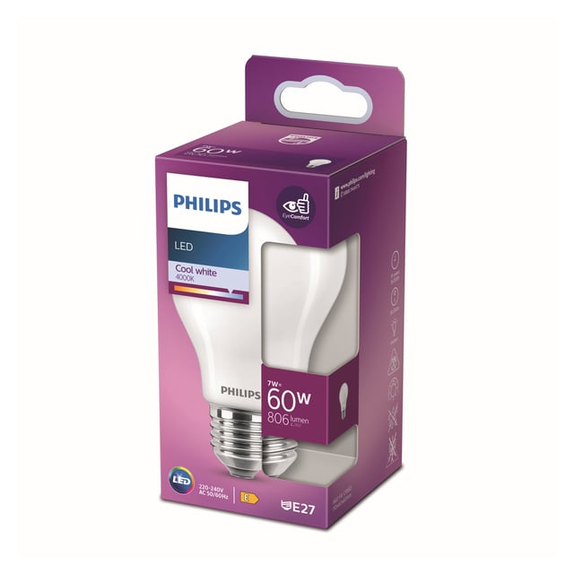 Philips LEDclassic LED lamp A60 E27, 4000 K, 7 W milk glass ...