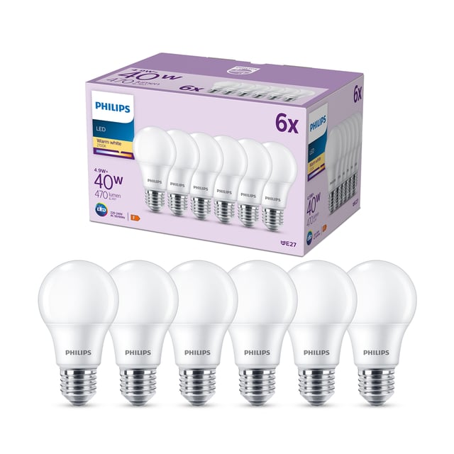Philips LEDclassic set of 6 A60 E27, 2700 K, 4,9 W milk glass ...