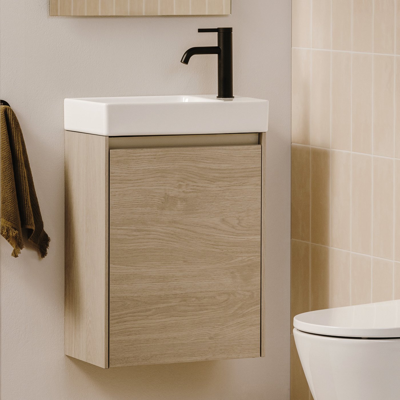 Roca Ona washbasin with vanity unit, 1 door light oak, basin white ...