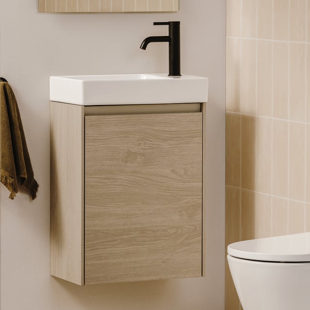 Roca Ona vanity unit with cloakroom washbasin, 1 door light oak, basin ...